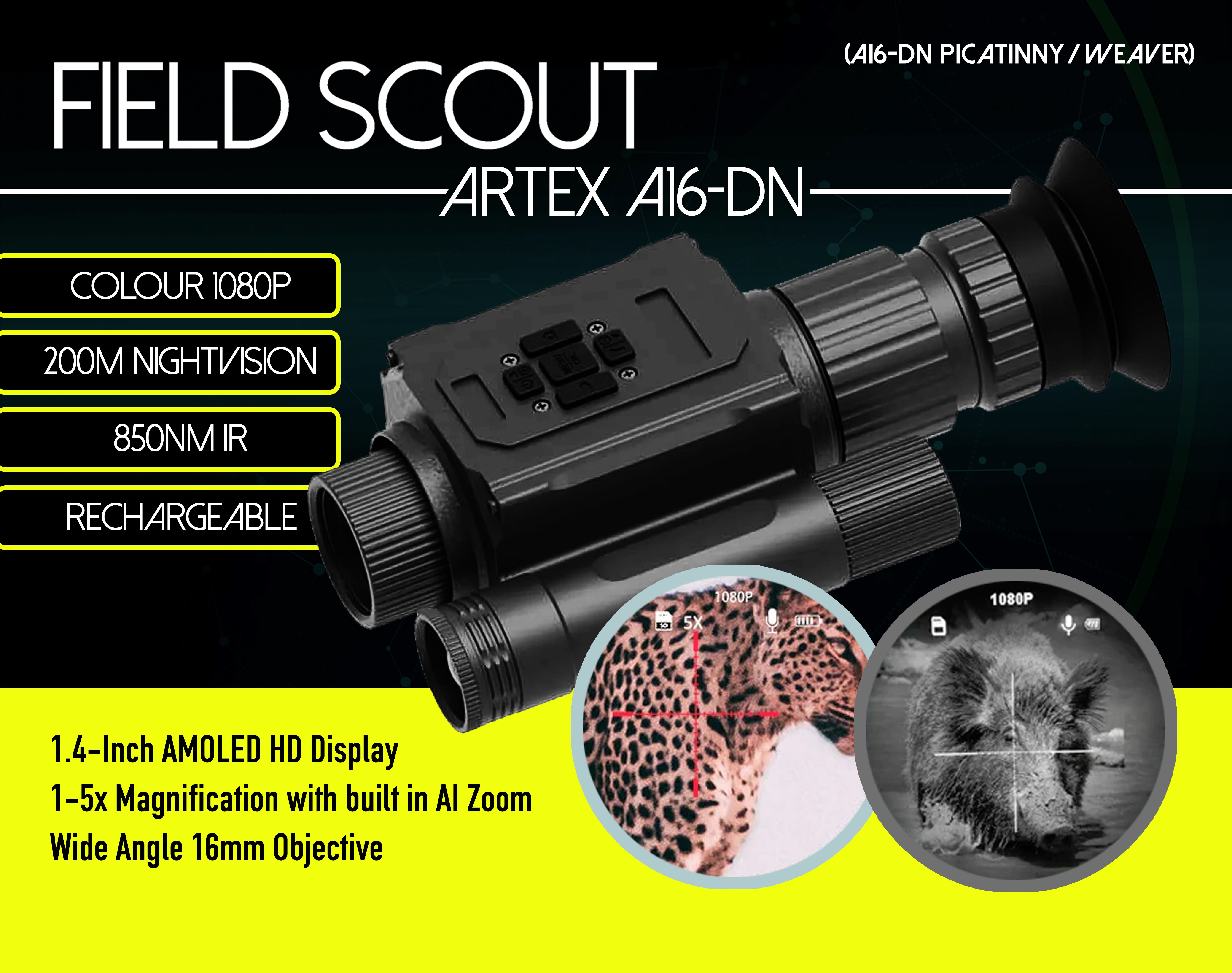 Field-Scout Artex A16-DN 1-5x HD IR Night Vision scope - 18650 Recharg ...